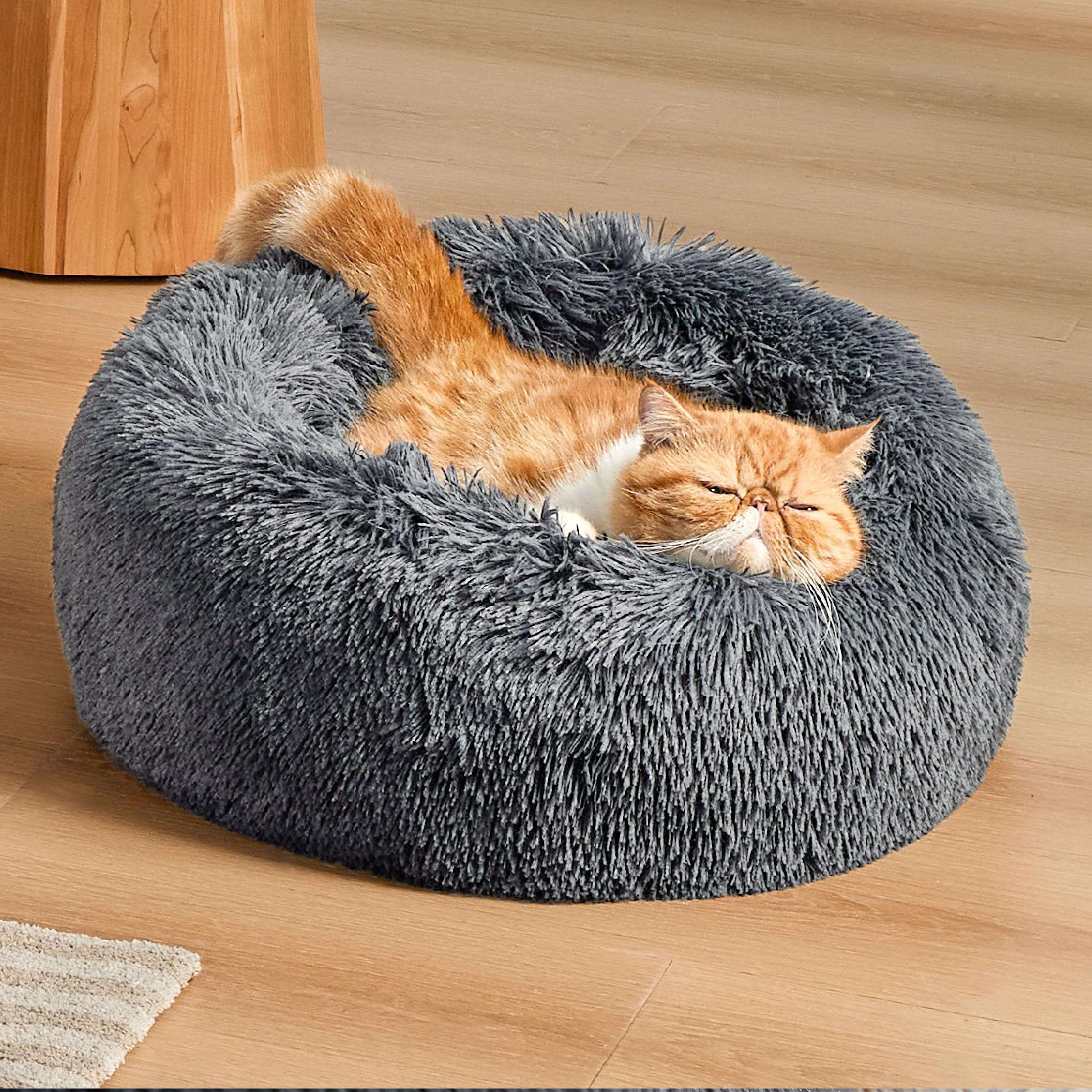 Bedsure Calming Cat Beds for Indoor Cats - Small Cat Bed Washable 20 inches, Anti-Slip Round Fluffy Plush Faux Fur Pet Bed, Fits up to 15 lbs Pets, Dark Grey