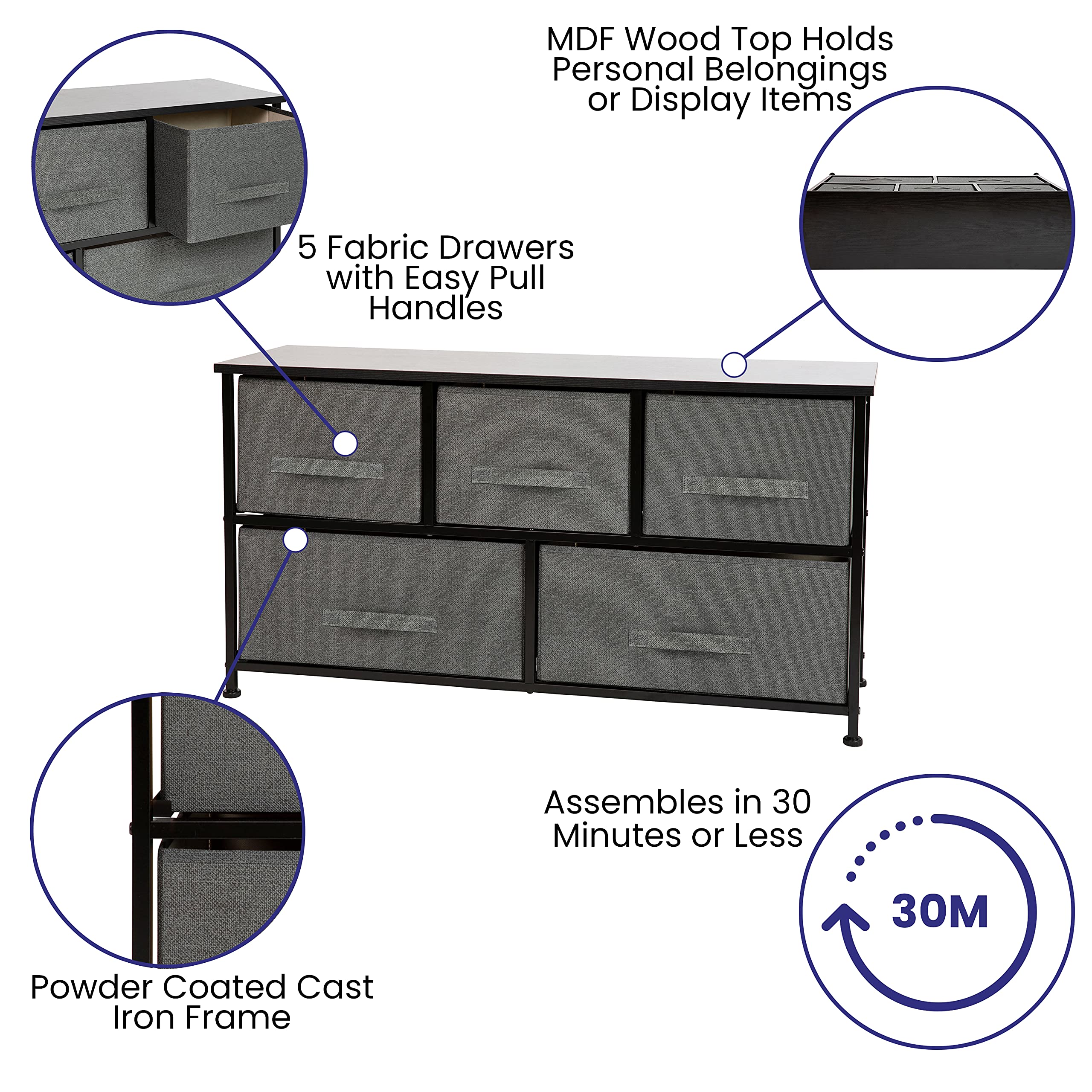 Flash Furniture 5 Drawer Storage Chest - Black Cast Iron Frame and Wood Top - 5 Easy Pull Dark Gray Fabric Drawers