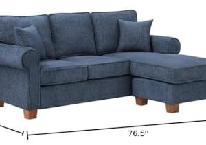 OSP Home Furnishings Rylee Reversible Rolled Arm Sectional Sofa with 2 Pillows and Coffee Finished Legs, Navy Fabric