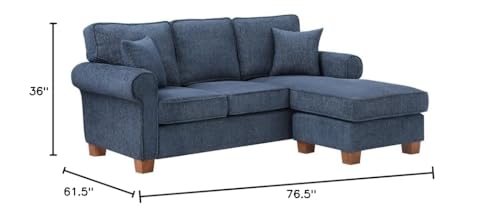 OSP Home Furnishings Rylee Reversible Rolled Arm Sectional Sofa with 2 Pillows and Coffee Finished Legs, Navy Fabric