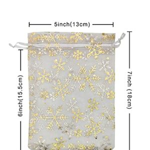 Jexila 100PCS Christmas Organza Bag 5''X7'' Snowflake Christmas Small Mesh Drawstring Gift Bags Christmas Party Favor Goodie Candy Treat Bags