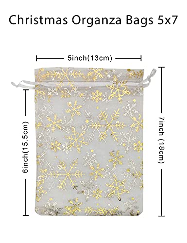 Jexila 100PCS Christmas Organza Bag 5''X7'' Snowflake Christmas Small Mesh Drawstring Gift Bags Christmas Party Favor Goodie Candy Treat Bags