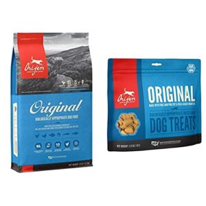 orijen dry dog food for all ages, original, grain free, high protein, fresh & raw animal ingredients, 25lb + treats