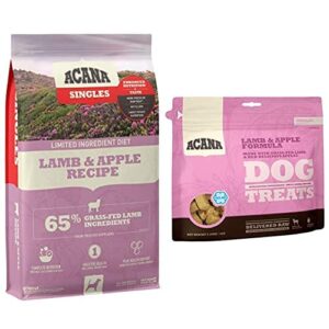 acana singles limited ingredient dry dog food, grain free, high protein, lamb & apple, 25lb + treats