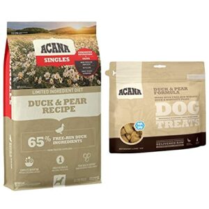 acana singles limited ingredient dry dog food, grain free, high protein, duck & pear, 25lb + treats