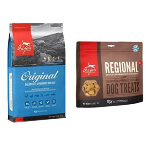 orijen dry dog food for all ages, original, grain free, high protein, fresh & raw animal ingredients, 25lb + treats