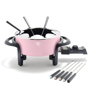 greenlife 14 cup electric fondue maker pot set for cheese, chocolate, and meat, 8 color coded forks, healthy ceramic nonstick, adjustable temperature control, pfas-free, pink