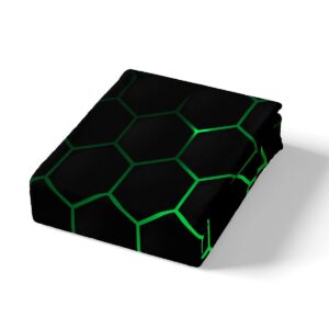 Hexagonal Bedding Sheets 3D Geometric Honeycomb Bed Sheet Set for Kids Boys Girls Luxury Beehive Hexagon Bedding Fitted Sheet Neon Green Black Decor Bed Cover Bedroom Collection 3Pcs Queen Size