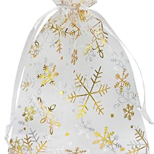 Jexila 100PCS Christmas Organza Bag 5''X7'' Snowflake Christmas Small Mesh Drawstring Gift Bags Christmas Party Favor Goodie Candy Treat Bags