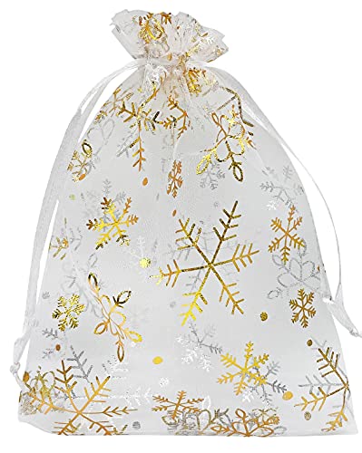 Jexila 100PCS Christmas Organza Bag 5''X7'' Snowflake Christmas Small Mesh Drawstring Gift Bags Christmas Party Favor Goodie Candy Treat Bags