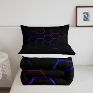 Hexagonal Bedding Set 3D Geometric Honeycomb Comforter Set for Kids Boys Girls Luxury Beehive Hexagon Comforter Neon Blue Purple Black Decor Quilt Set with 2 Pillowcases 3Pcs Bedding Queen