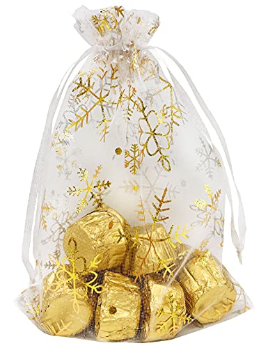 Jexila 100PCS Christmas Organza Bag 5''X7'' Snowflake Christmas Small Mesh Drawstring Gift Bags Christmas Party Favor Goodie Candy Treat Bags