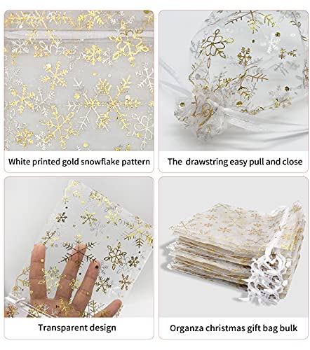 Jexila 100PCS Christmas Organza Bag 5''X7'' Snowflake Christmas Small Mesh Drawstring Gift Bags Christmas Party Favor Goodie Candy Treat Bags