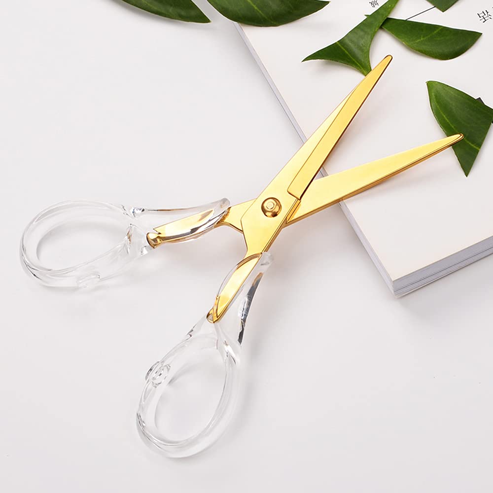 Creechwa Gold Scissors 6.3 ", Craft Scissors with Stainless Steel Blade with Acrylic Clear Handle, All Purpose Office Scissors for Teachers, Cutting Shears for Paper Fabric, Tijeras de Costura