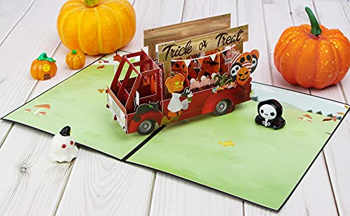 Ribbli Halloween Pop Up Card - 3D Greeting Card, Trick or Treat Card, Pumpkin Truck Card, Happy Halloween Card for Kids Grandson Granddaughter Boyfriend Son Daughter, with Envelope