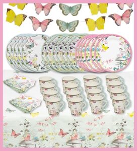 talking tables fairy party decorations and disposable tableware for 16 guests | butterfly bunting, tablecloth, cups, plates and napkins | for kids birthday, mother's day, afternoon tea, baby shower