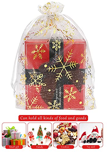 Jexila 100PCS Christmas Organza Bag 5''X7'' Snowflake Christmas Small Mesh Drawstring Gift Bags Christmas Party Favor Goodie Candy Treat Bags