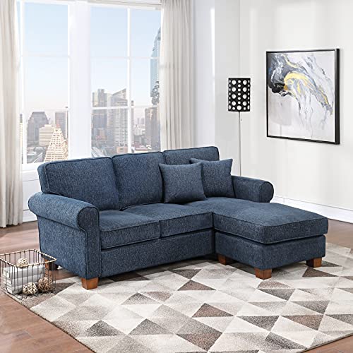 OSP Home Furnishings Rylee Reversible Rolled Arm Sectional Sofa with 2 Pillows and Coffee Finished Legs, Navy Fabric