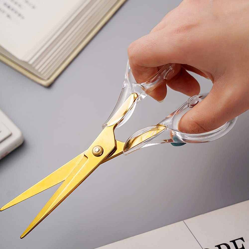 Creechwa Gold Scissors 6.3 ", Craft Scissors with Stainless Steel Blade with Acrylic Clear Handle, All Purpose Office Scissors for Teachers, Cutting Shears for Paper Fabric, Tijeras de Costura