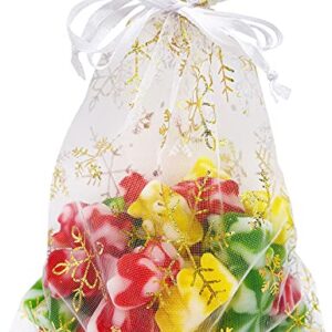 Jexila 100PCS Christmas Organza Bag 5''X7'' Snowflake Christmas Small Mesh Drawstring Gift Bags Christmas Party Favor Goodie Candy Treat Bags