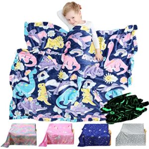 bood glow in dark blanket for kids, dinosaur blanket for girls and boys, christmas personalized gifts for kids, boys blankets and dinosaur, blue dino soft fleece blankets