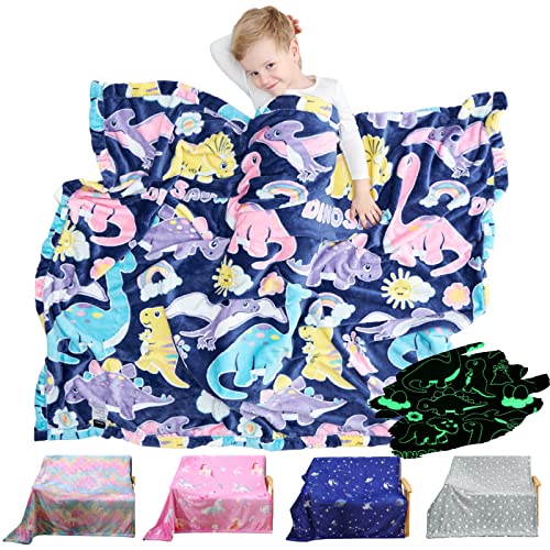 Bood Glow in Dark Blanket for Kids, Dinosaur Blanket for Girls and Boys, Christmas Personalized Gifts for Kids, Boys Blankets and Dinosaur, Blue Dino Soft Fleece Blankets