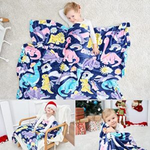 Bood Glow in Dark Blanket for Kids, Dinosaur Blanket for Girls and Boys, Christmas Personalized Gifts for Kids, Boys Blankets and Dinosaur, Blue Dino Soft Fleece Blankets