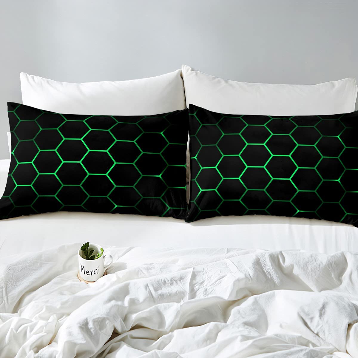 Hexagonal Bedding Sheets 3D Geometric Honeycomb Bed Sheet Set for Kids Boys Girls Luxury Beehive Hexagon Bedding Fitted Sheet Neon Green Black Decor Bed Cover Bedroom Collection 3Pcs Queen Size