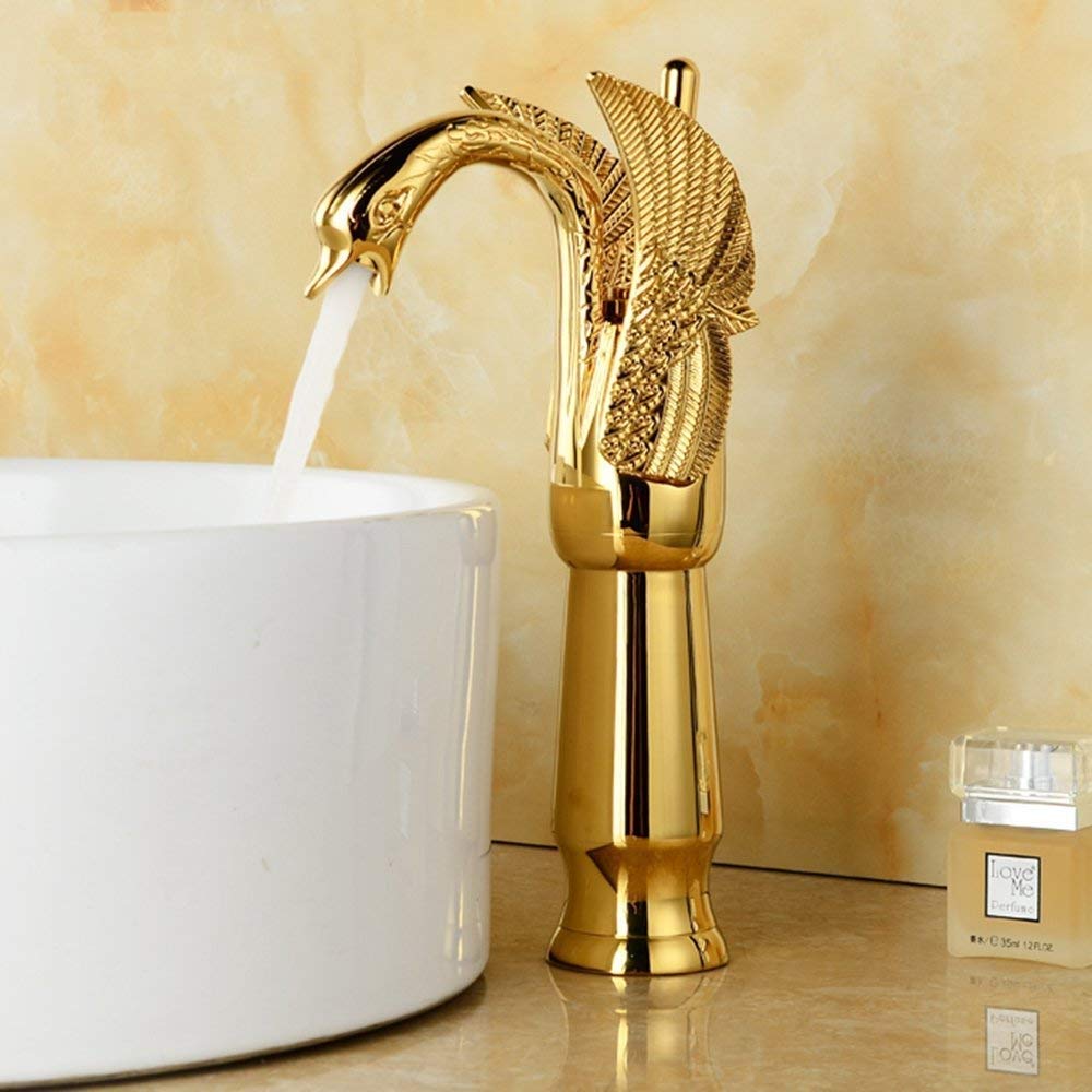 LHTCZZB Mixer Tap Retro Nostalgic Basin Mixer Tap Retro High Bath Faucet Single Lever Mixer Top Kitchen Sinks Faucets High Spout F.Bathroom Brass Swan Shape Stopcock (Color : Gold)