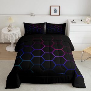 hexagonal bedding set 3d geometric honeycomb comforter set for kids boys girls luxury beehive hexagon comforter neon blue purple black decor quilt set with 2 pillowcases 3pcs bedding queen