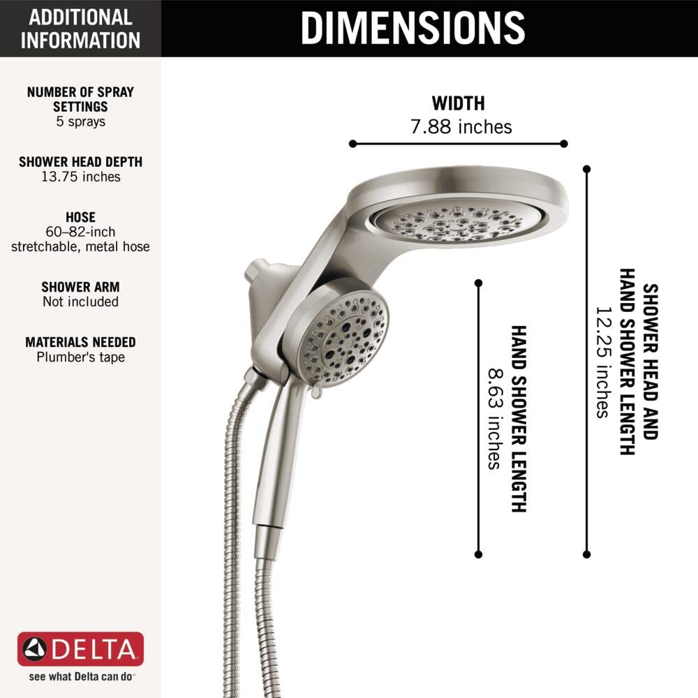 Delta Faucet HydroRain 5-Spray H2Okinetic Dual Shower Head with Handheld Spray, Brushed Nickel Shower Head with Hose, Handheld Shower Head, 2.5 GPM Flow Rate, Lumicoat Stainless 58680-SS-PR25