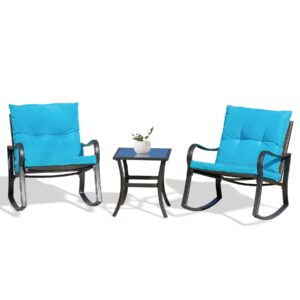 domi outdoor living 3 pieces bistro set outdoor rocking chairs all weather patio wicker furniture set with thickened cushion and glass top coffee table for yard,bistro (blue)