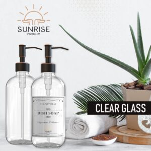 Sunrise Premium 2 Pack Clear Glass Soap Dispenser 16 OZ with Oil Rubbed Bronze Stainless Steel Pump, Hand and Dish Soap Dispenser Set for Bathroom and Kitchen Sink with 6 Waterproof Labels