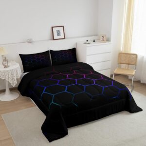 Hexagonal Bedding Set 3D Geometric Honeycomb Comforter Set for Kids Boys Girls Luxury Beehive Hexagon Comforter Neon Blue Purple Black Decor Quilt Set with 2 Pillowcases 3Pcs Bedding Queen