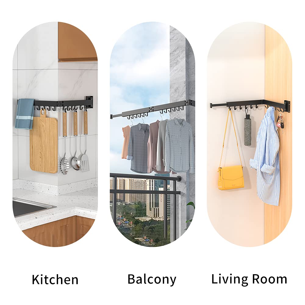 PLKO Retractable Clothes Drying Rack,Wall Mounted Clothes Hangers，Space Saver Laundry Drying Rack for Balcony,Laundry,Bathroom,Patio and Bedroom (2-Pole Black)