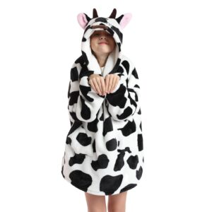 Wearable Blanket Hoodie for Kids 4-12YR Oversized Animal Hooded Blanket Super Soft Comfortable Warm Flannel Cow