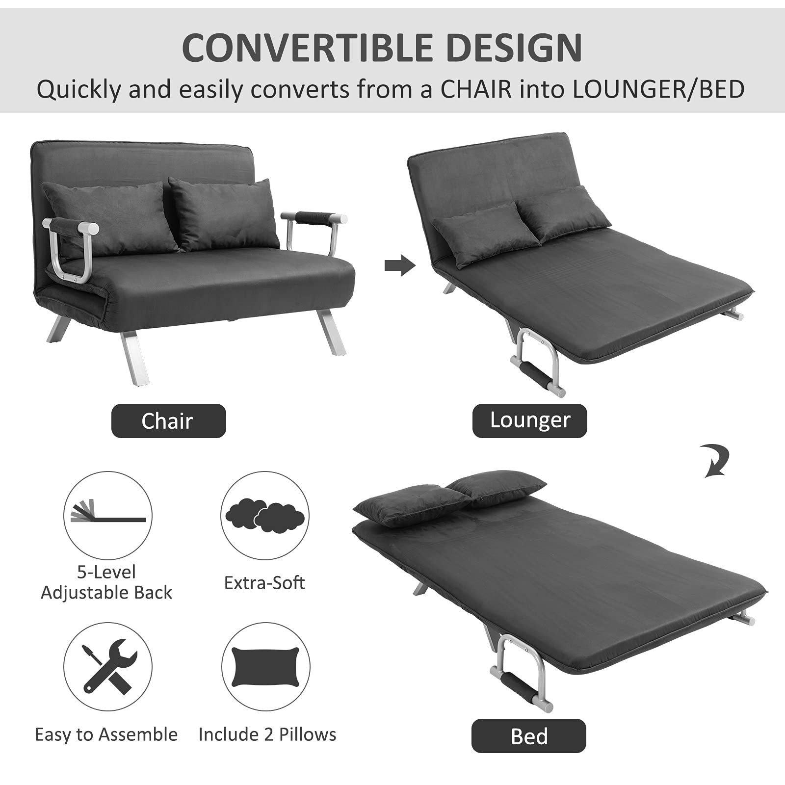 HOMCOM Convertible Sofa Bed Sleeper Chair, 5 Position Adjustable Backrest, Armchair Sleeper with Pillows, Leisure Chaise Lounge Couch, Gray