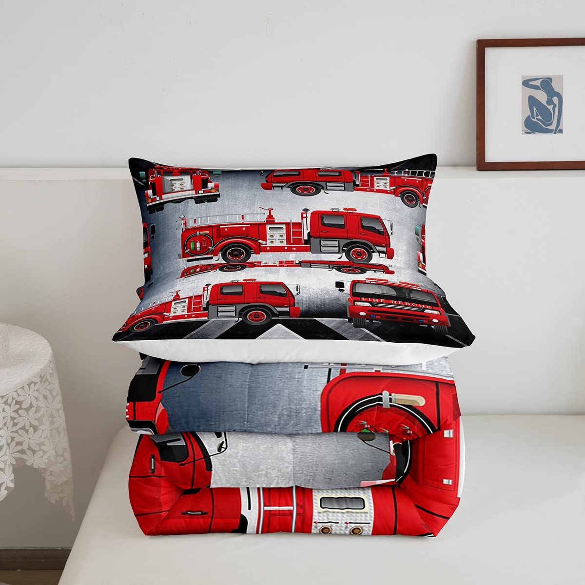 Manfei Fire Truck Comforter Set Twin Size Red Fire Engine Duvet Insert Cartoon Firemen Car Vehicle Bedding Set 2pcs for Kids Boys Teens Firefighter Transportation Dowm Comforter with 1 Pillowcase