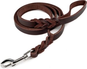 mighty paw braided leather dog leash - heavy duty genuine pet lead - soft handle - strong metal swivel clip - leather braided leash for large dogs - dog leashes leather - 6’ standard/brown