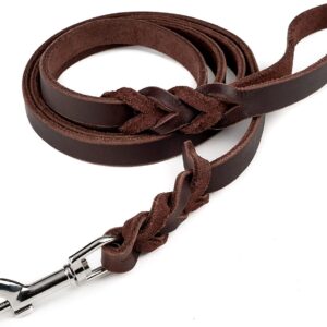 Mighty Paw Braided Leather Dog Leash - Heavy Duty Genuine Pet Lead - Soft Handle - Strong Metal Swivel Clip - Leather Braided Leash for Large Dogs - Dog Leashes Leather - 6’ Standard/Brown