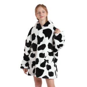 Wearable Blanket Hoodie for Kids 4-12YR Oversized Animal Hooded Blanket Super Soft Comfortable Warm Flannel Cow