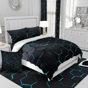 Honeycomb Hexagon Bedding Set,Geometry Duvet Cover for Kids Teen Boys Girls,Teal Neon Lights Comforter Cover Decorative Room,Modern Diamond Pattern Quilt Cover with 2 Pillowcases,Full Size