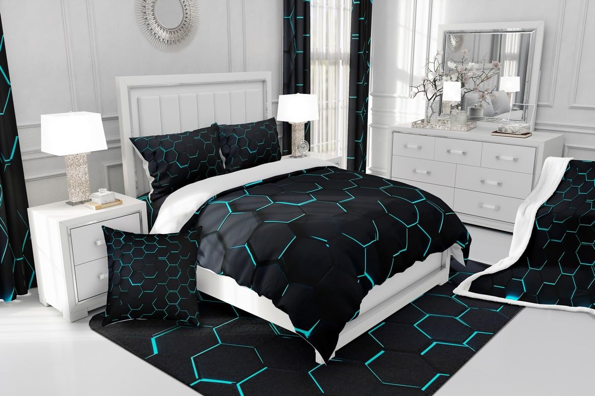 Honeycomb Hexagon Bedding Set,Geometry Duvet Cover for Kids Teen Boys Girls,Teal Neon Lights Comforter Cover Decorative Room,Modern Diamond Pattern Quilt Cover with 2 Pillowcases,Full Size