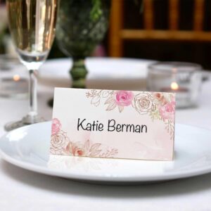 Pink Flower Place Cards for Table Setting, 2" x 3.5" Pack of 50 Floral Wedding Place Cards, Elegant Reception Name Cards, Rose Gold Wedding Decorations