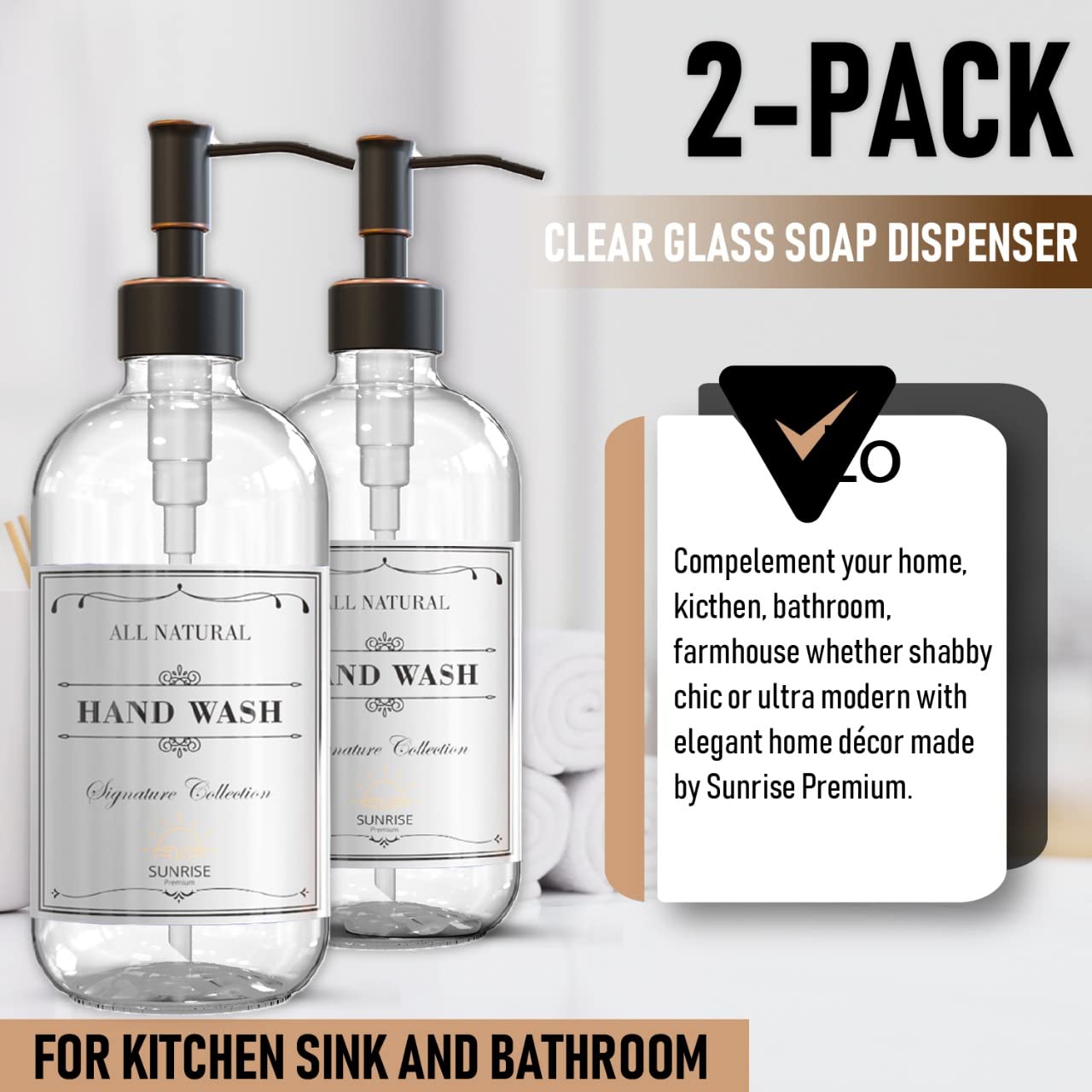 Sunrise Premium 2 Pack Clear Glass Soap Dispenser 16 OZ with Oil Rubbed Bronze Stainless Steel Pump, Hand and Dish Soap Dispenser Set for Bathroom and Kitchen Sink with 6 Waterproof Labels