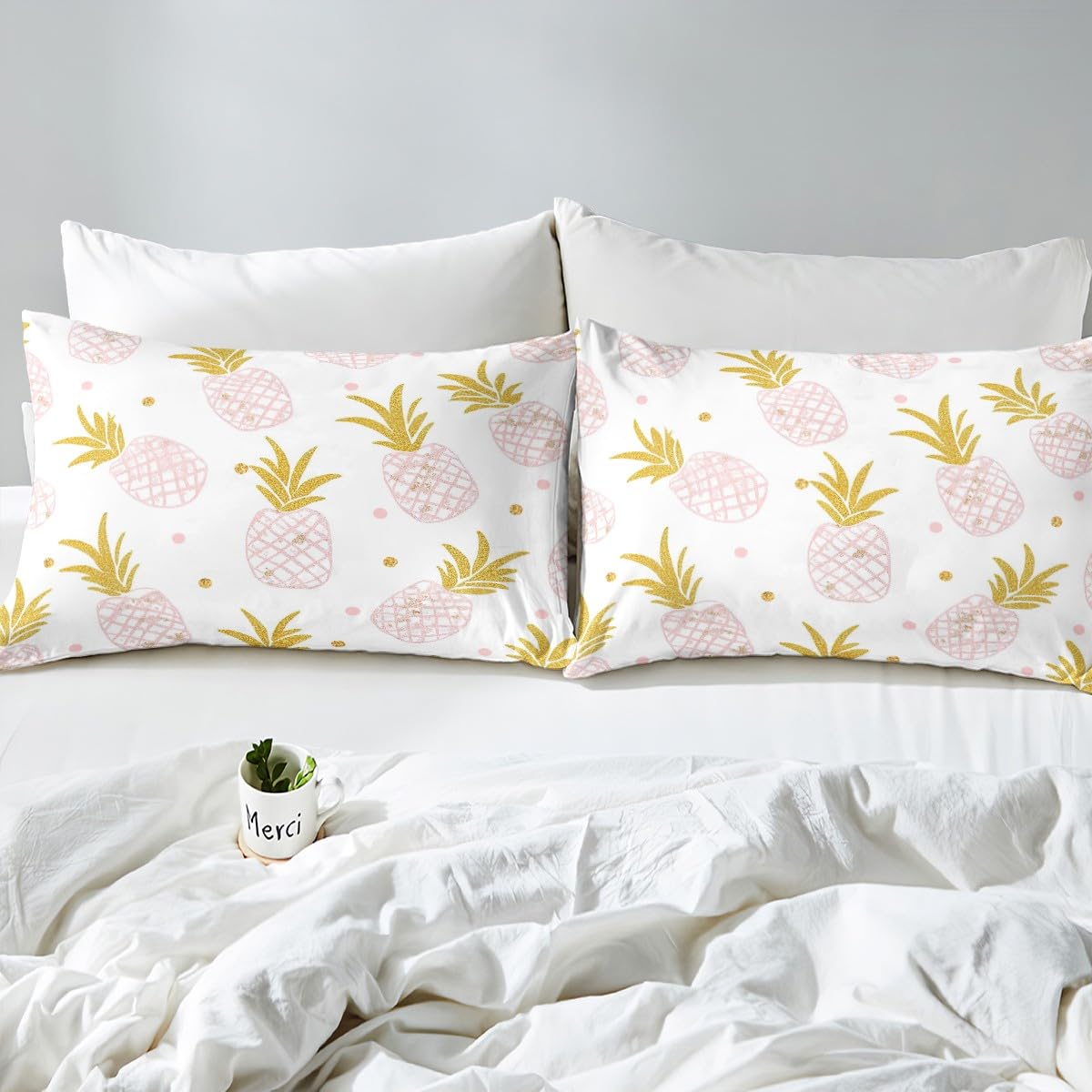 Feelyou Pineapple Sheet Set for Girls Kids Cute Pink Tropical Fruit Bedding Set Room Decorative Golden Polka Dots Bed Sheets Pineapple White Bed Sheet Set Twin Size 3Pcs Bed Set