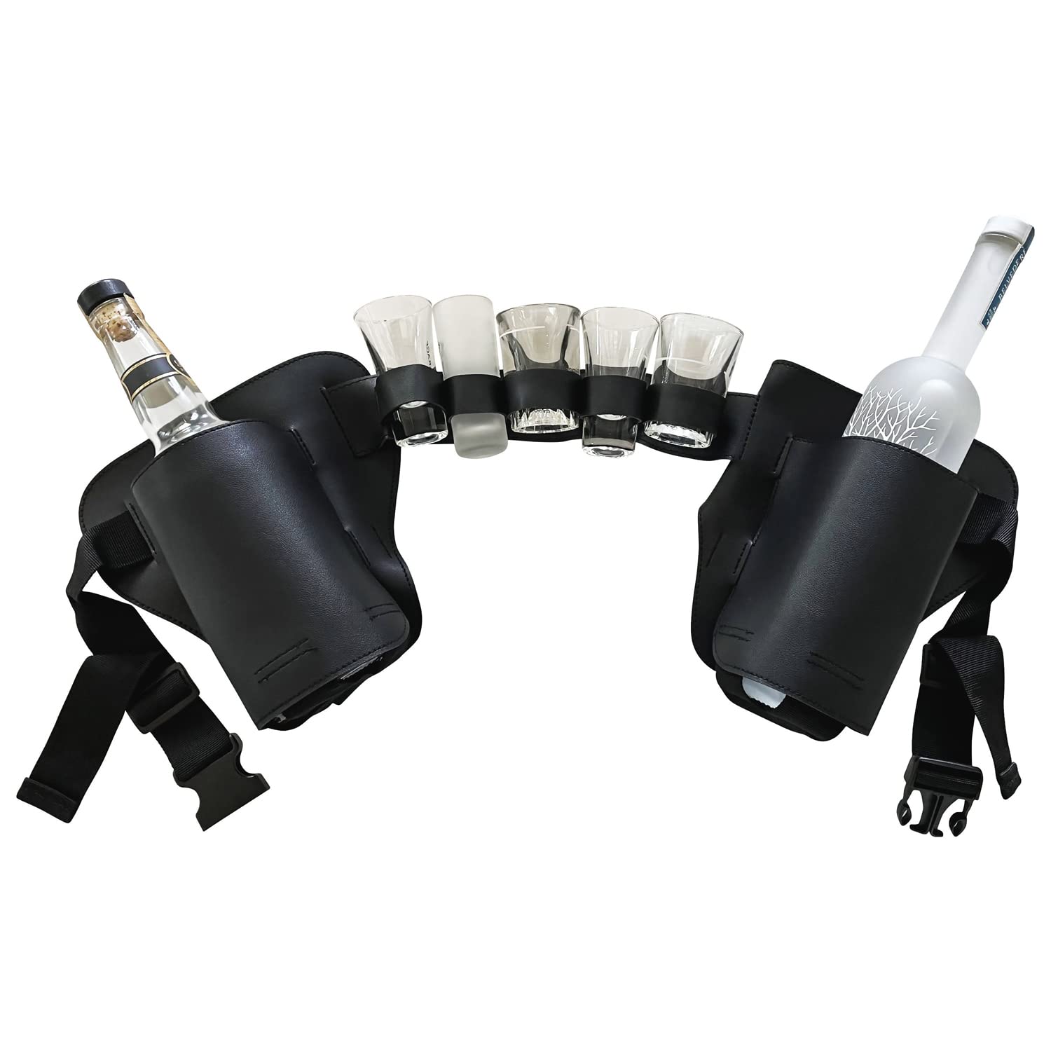 Liquor Holster - Liquor Belt - Shot Holder - Version 2.0 Holds 5 Shot Glasses And 2 Bottles (Black)