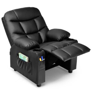 glacer kids recliner chair w/cup holder& side pockets, children recliner w/comfortable backrest, armrests & footrest, toddler pu leather recliner for boys girls, 3+ age group, black