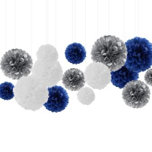 tissue paper pom-poms party decorations - 15pcs 5 size navy blue white silver paper flowers,graduation wedding baby bridal shower room hanging decorations boy birthday party backdrop decor panduola