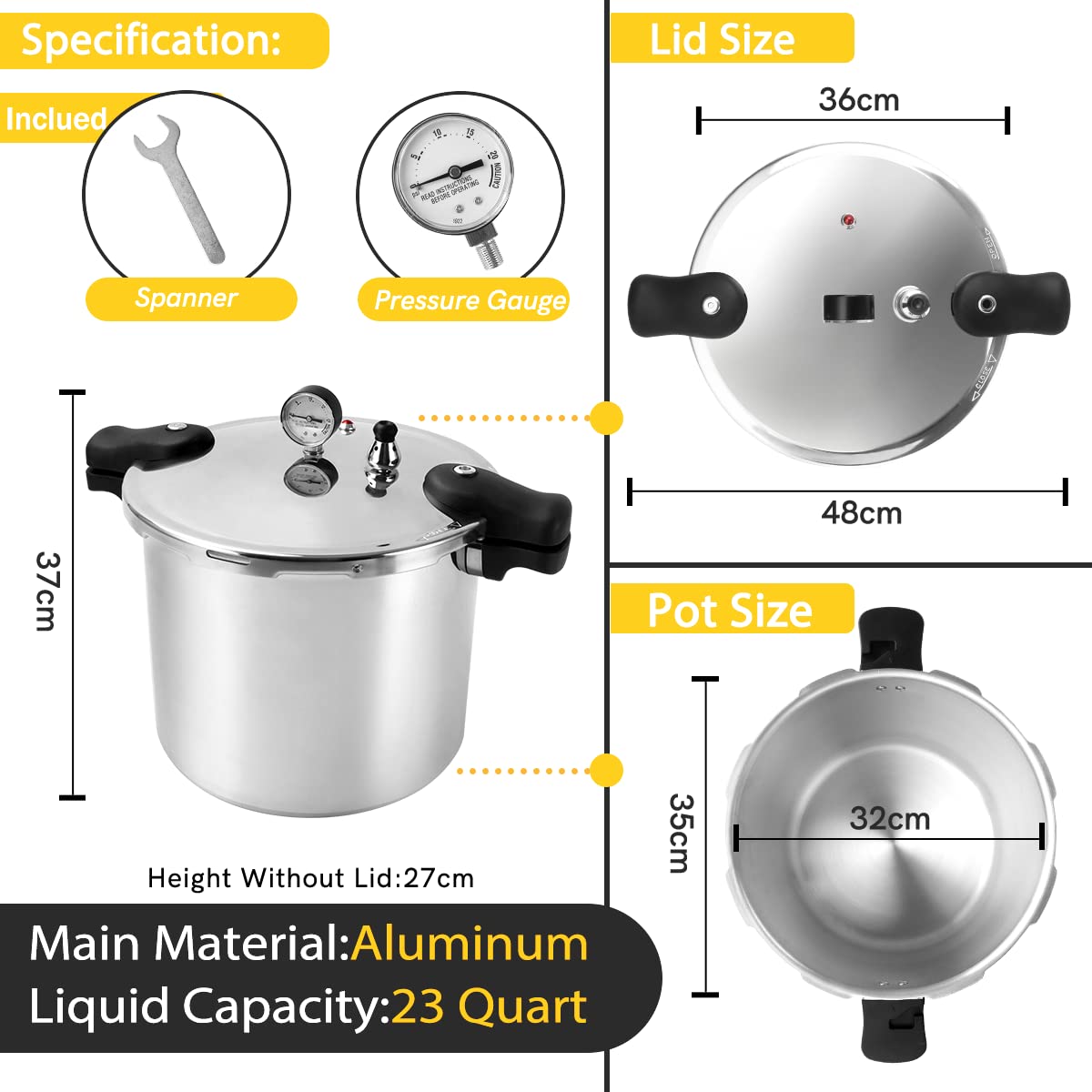 BreeRainz 23 Quart Pressure Cooker,11.2 psi Aluminum Pressure Canner for Canning w/Pressure Gauge for Home and Restaurant Steaming and Stewing(Silver)